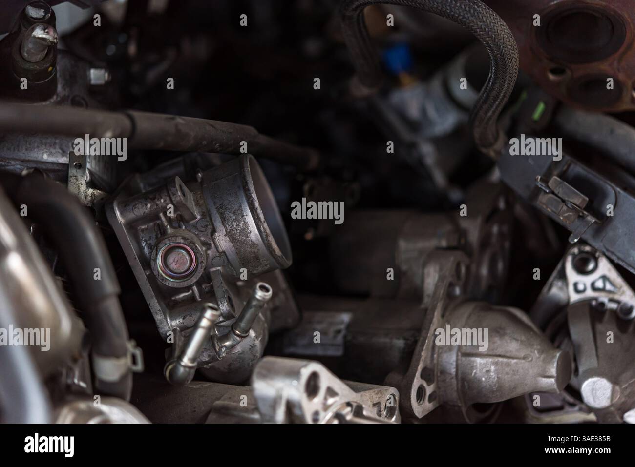 Disassembled car dirty engine close-up to engine parts and cylinder ...