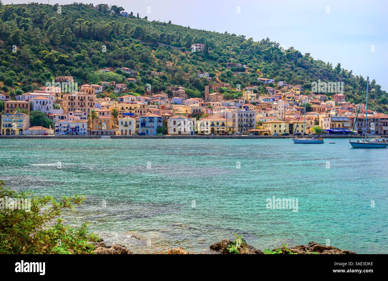 The waterfront of Gythio, seen from Marathonisi island. Gytheio is a ...