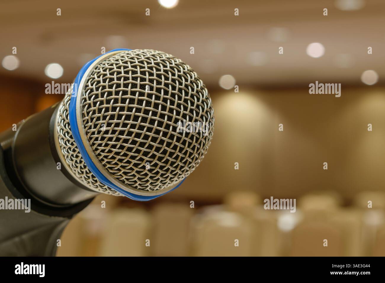 Microphone in seminar event defocus on meeting room background Stock ...
