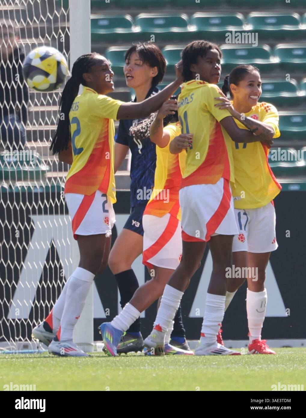 Colombia's Carla Torres (second from the right) celebrates scoring the ...