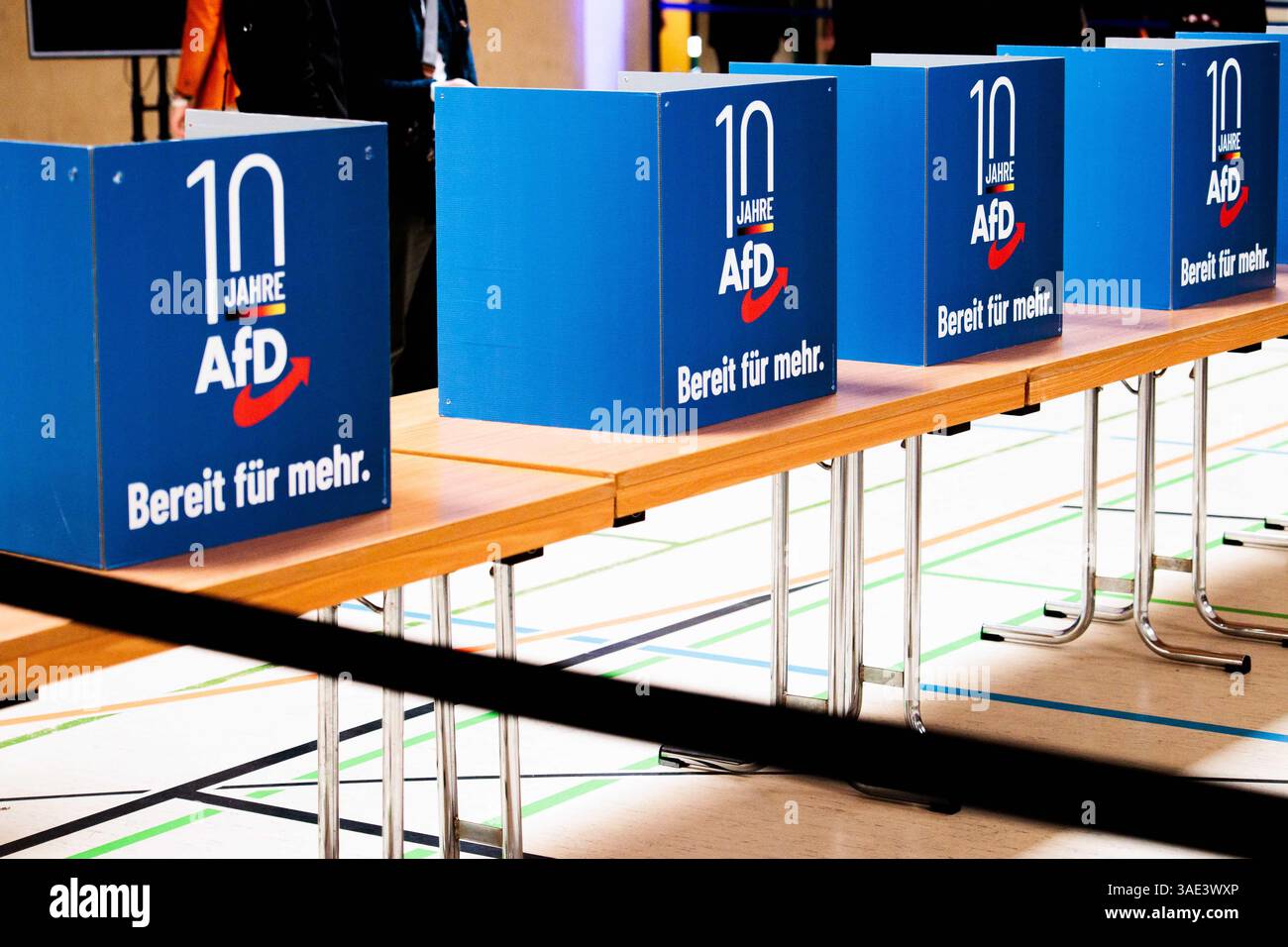 06 April 2025, Brandenburg, Jüterbog: Ballot boxes labeled "10 years ...
