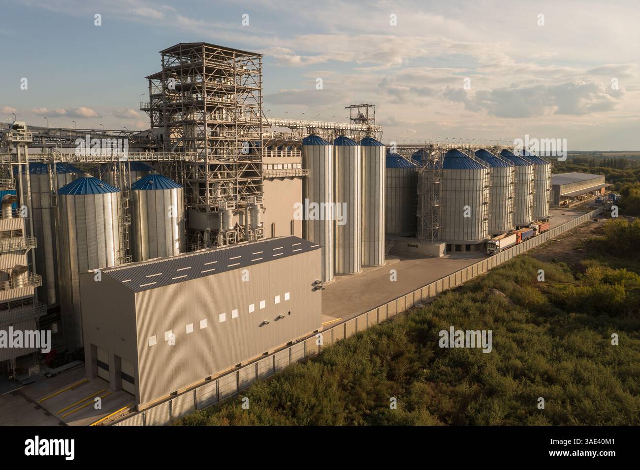 Aerial view of modern grain silos and industrial grain elevator ...