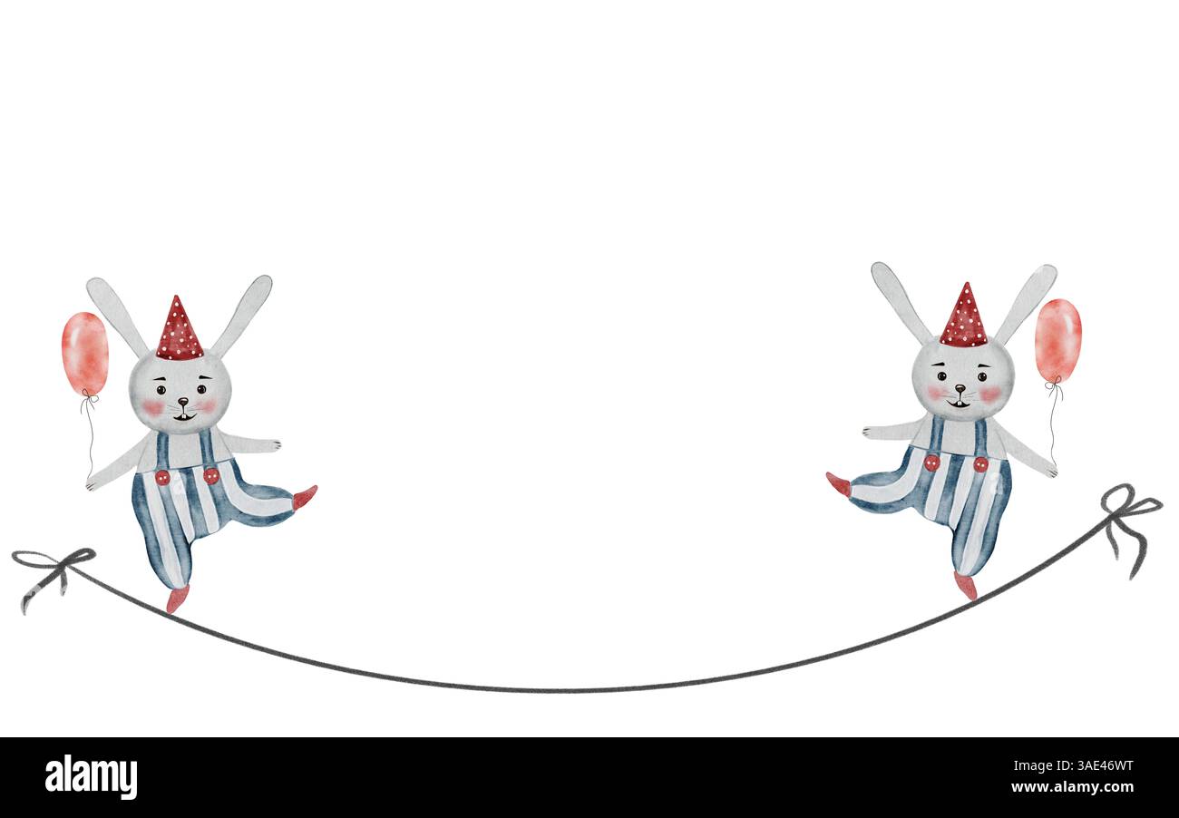 Cute circus watercolor banner.Rabbits acrobats. Hand drawn cute animals ...