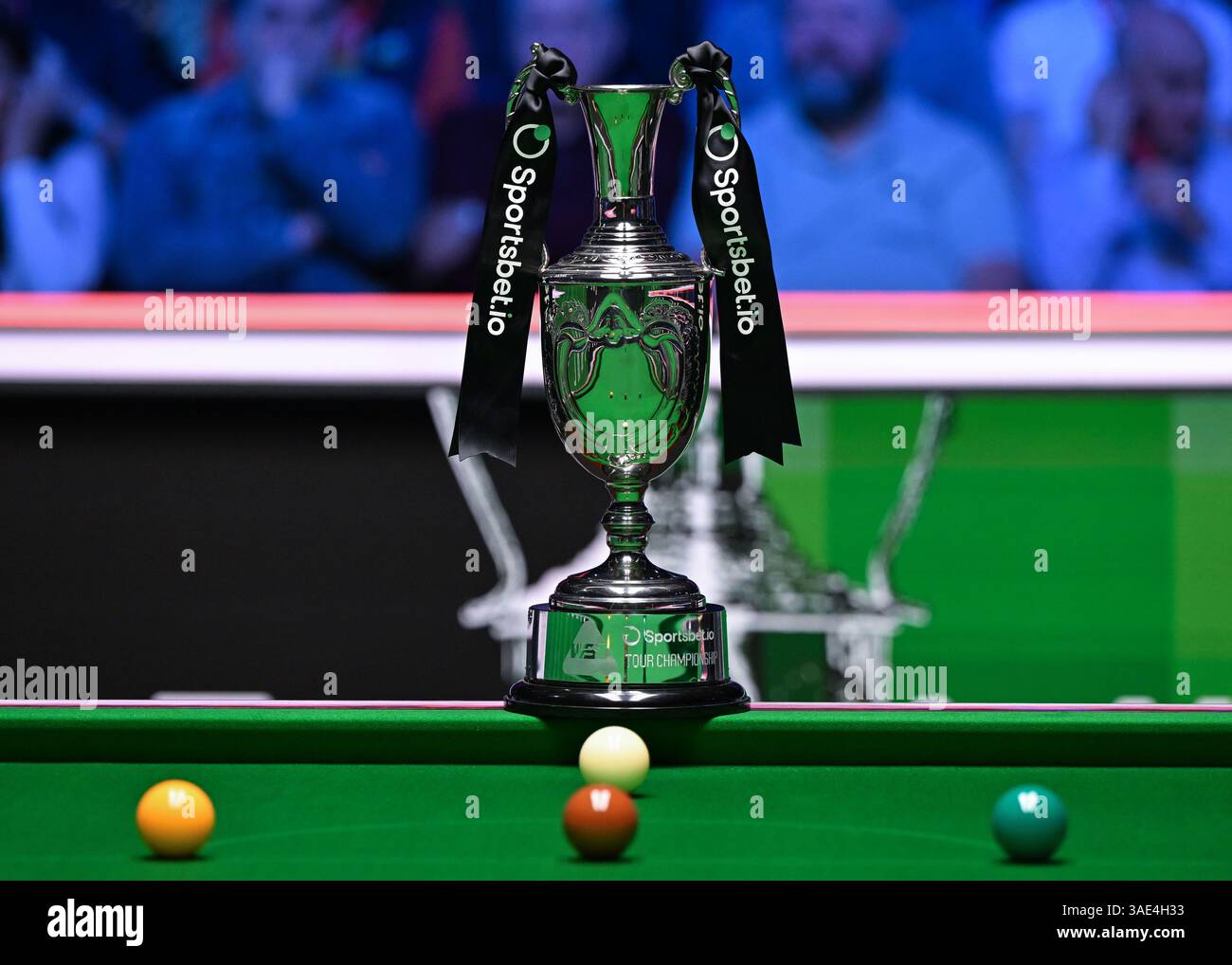 Manchester, UK. 6th Apr, 2025. Sportsbet.io Tour Championship trophy ahead of the John Higgins ...