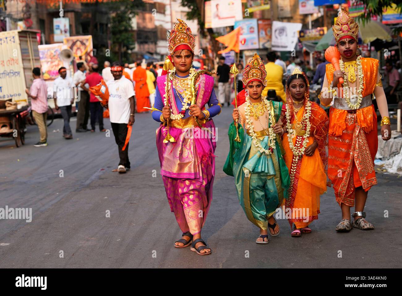 Hindu devotees dressed as Hindu deities Rama and wife Sita, Lakshman ...