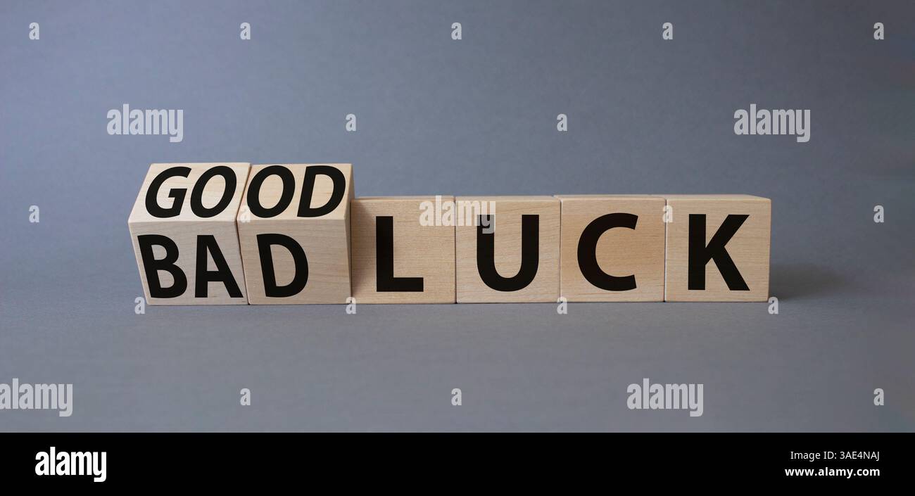 Good Luck and bad Luck symbol. Turned wooden cubes with words Bad Luck ...
