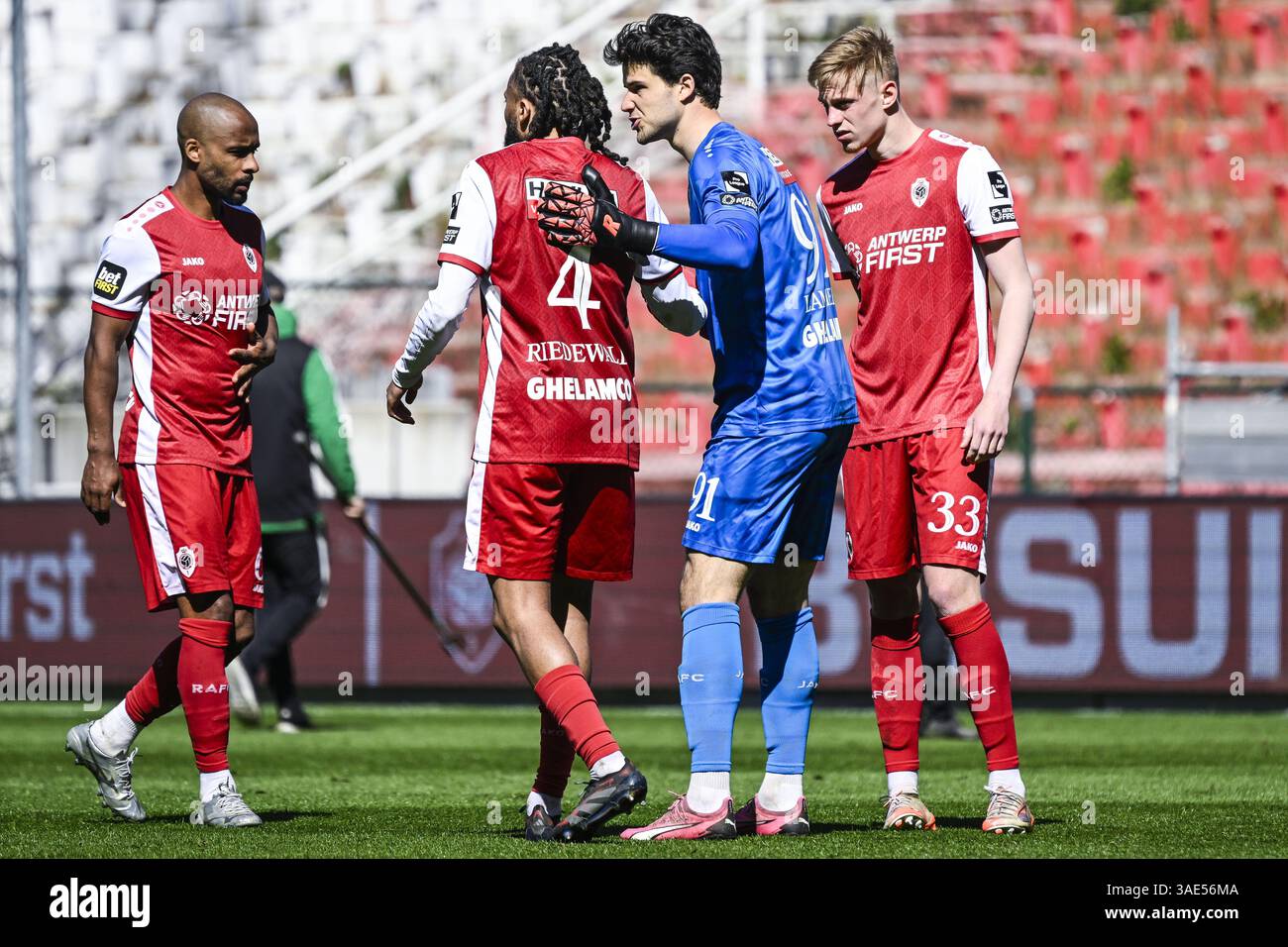 Antwerpen, Belgium. 06th Apr, 2025. Antwerp's Denis Odoi, Antwerp's Jairo Riedewald, Antwerp's ...