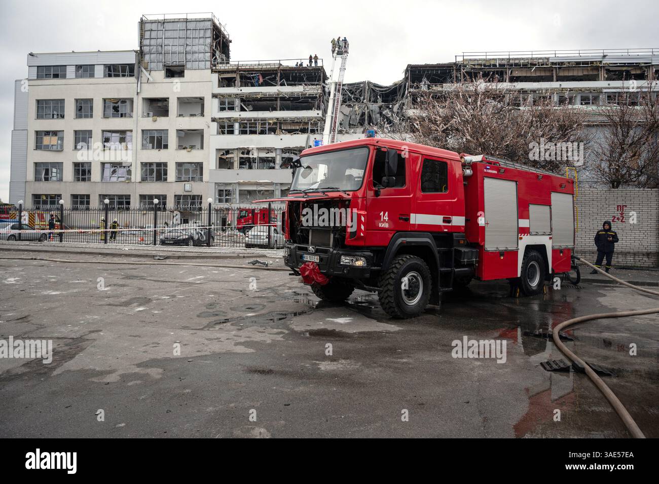 Kyiv, Ukraine. 06th Apr, 2025. A fire engine is parked outside a ...