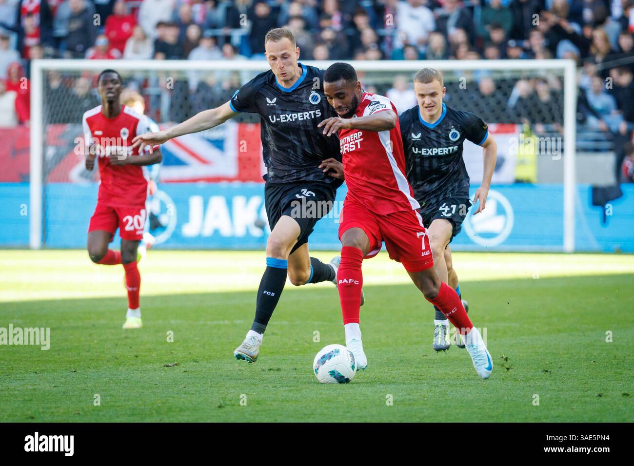 Antwerpen, Belgium. 06th Apr, 2025. Club's Gustaf Nilsson and Antwerp's Gyrano Kerk fight for ...