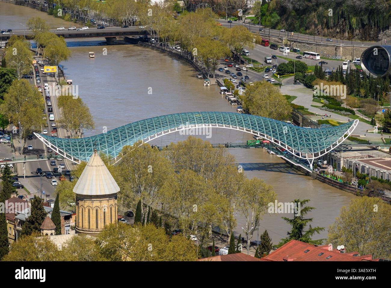 Aerial view of the Peace bridge, steel and glass construction ...