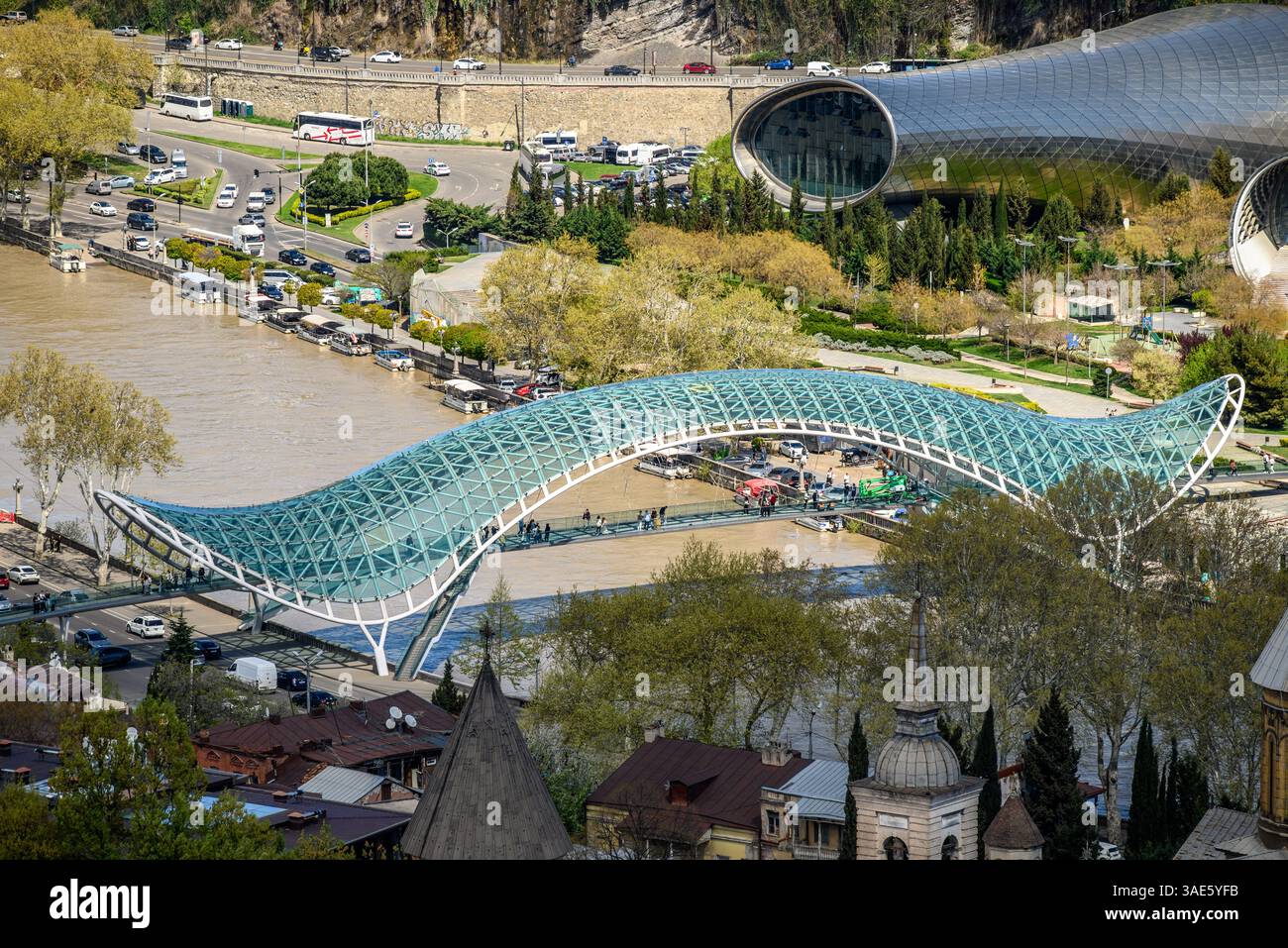 Aerial view of the Peace bridge, steel and glass construction ...