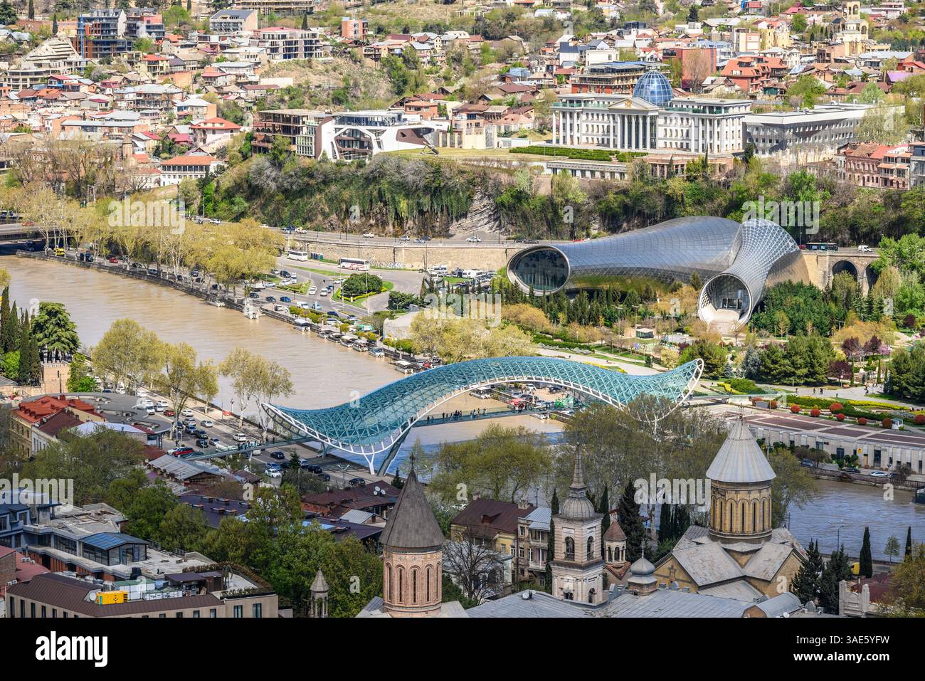 Aerial view of the Peace bridge, steel and glass construction ...