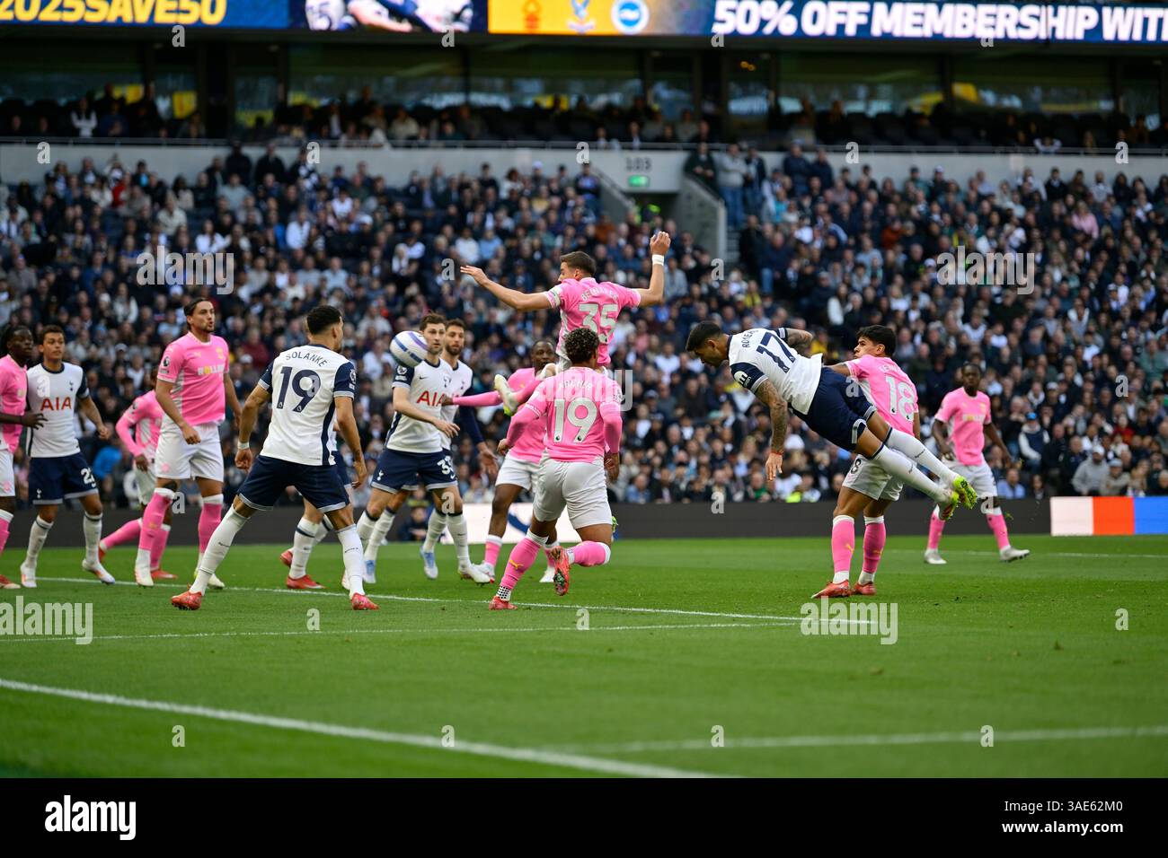 London, UK. 6th Apr, 2025. Cristian Romero of Tottenham Hotspur tries a ...