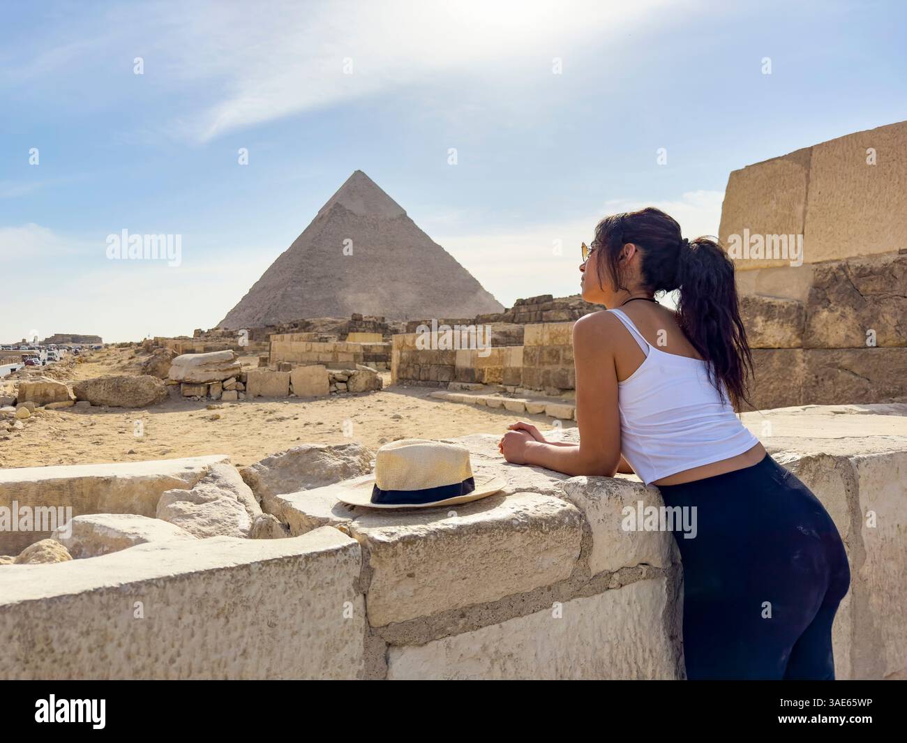Cairo, Egypt; January 20, 2024: Join a tourist visiting the Great Pyramid of Giza in Egypt, a ...
