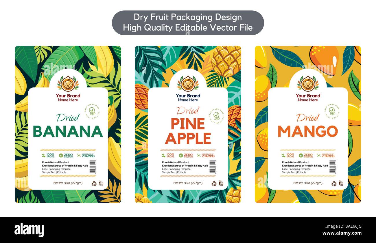 Dry fruit label design, Dried Banana label Pineapple Dried Mango label ...