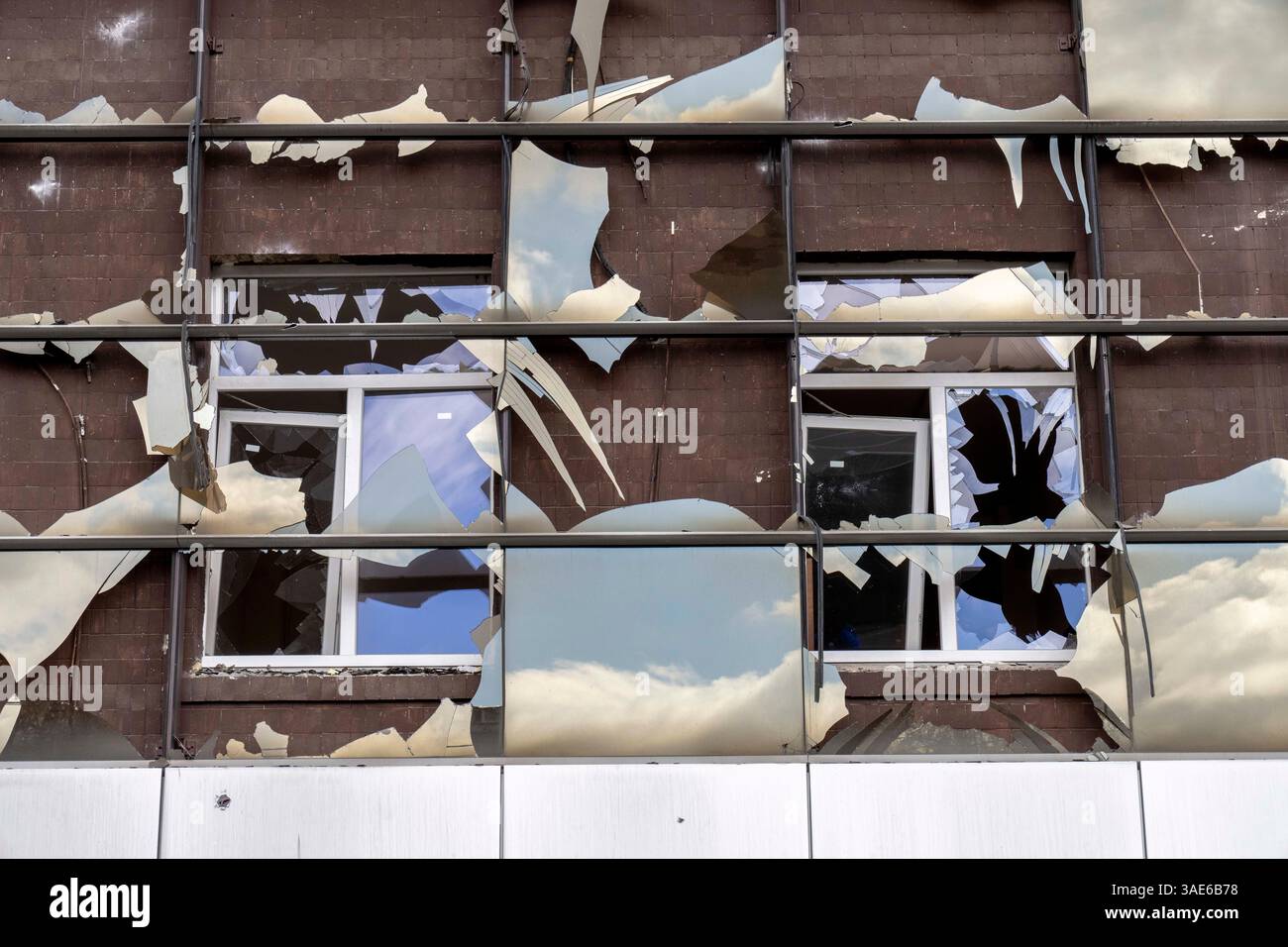 Kyiv, Ukraine. 6th Apr 2025. Building with shattered windows as a ...