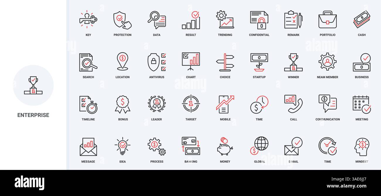 Business project and enterprise, ideas and communications in workflow line icon set. System ...