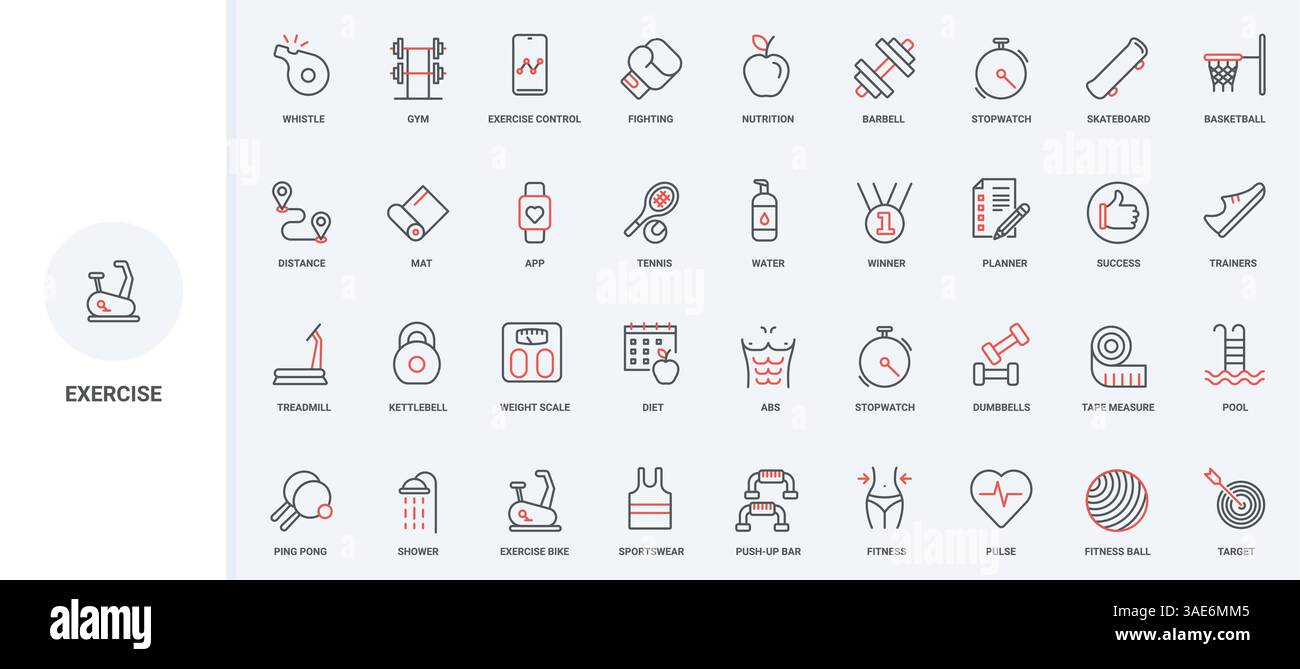 Fitness and physical exercise, equipment in gym, workout plan and diet ...