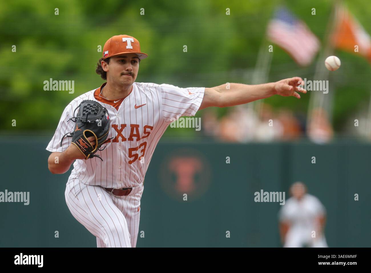 AUSTIN, TX - APRIL 05: Texas pitcher Luke Harrison (53) pitches the ...