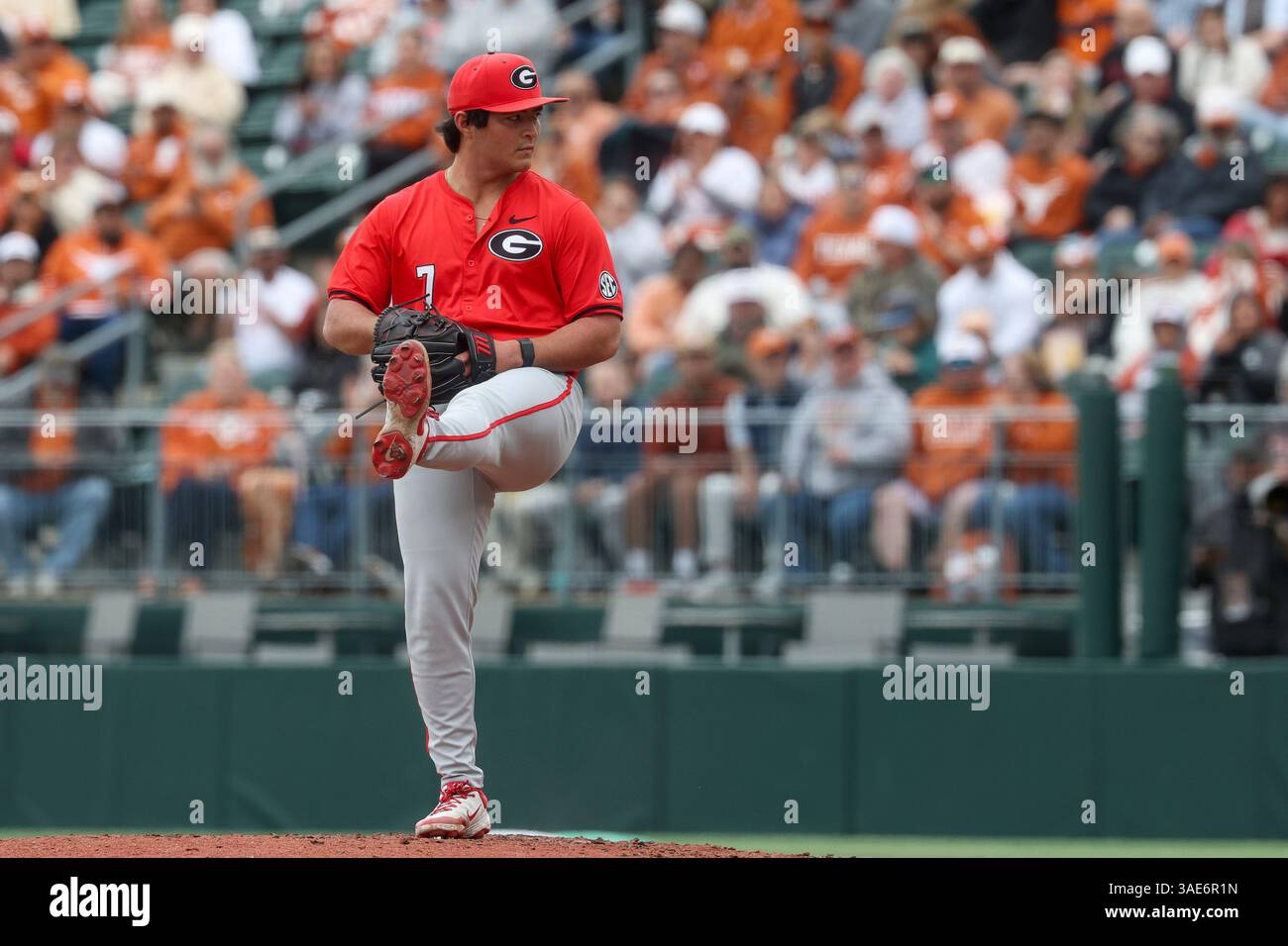 AUSTIN, TX - APRIL 05: Georgia pitcher Brian Curley (7) kicks his leg ...