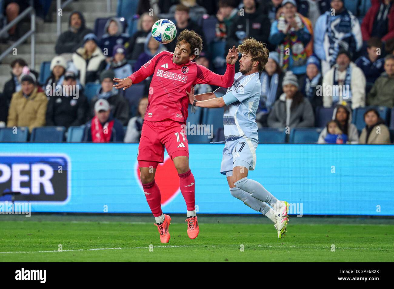 April 5, 2025: St. Louis City forward Simon Becher (11) heads the ball ...
