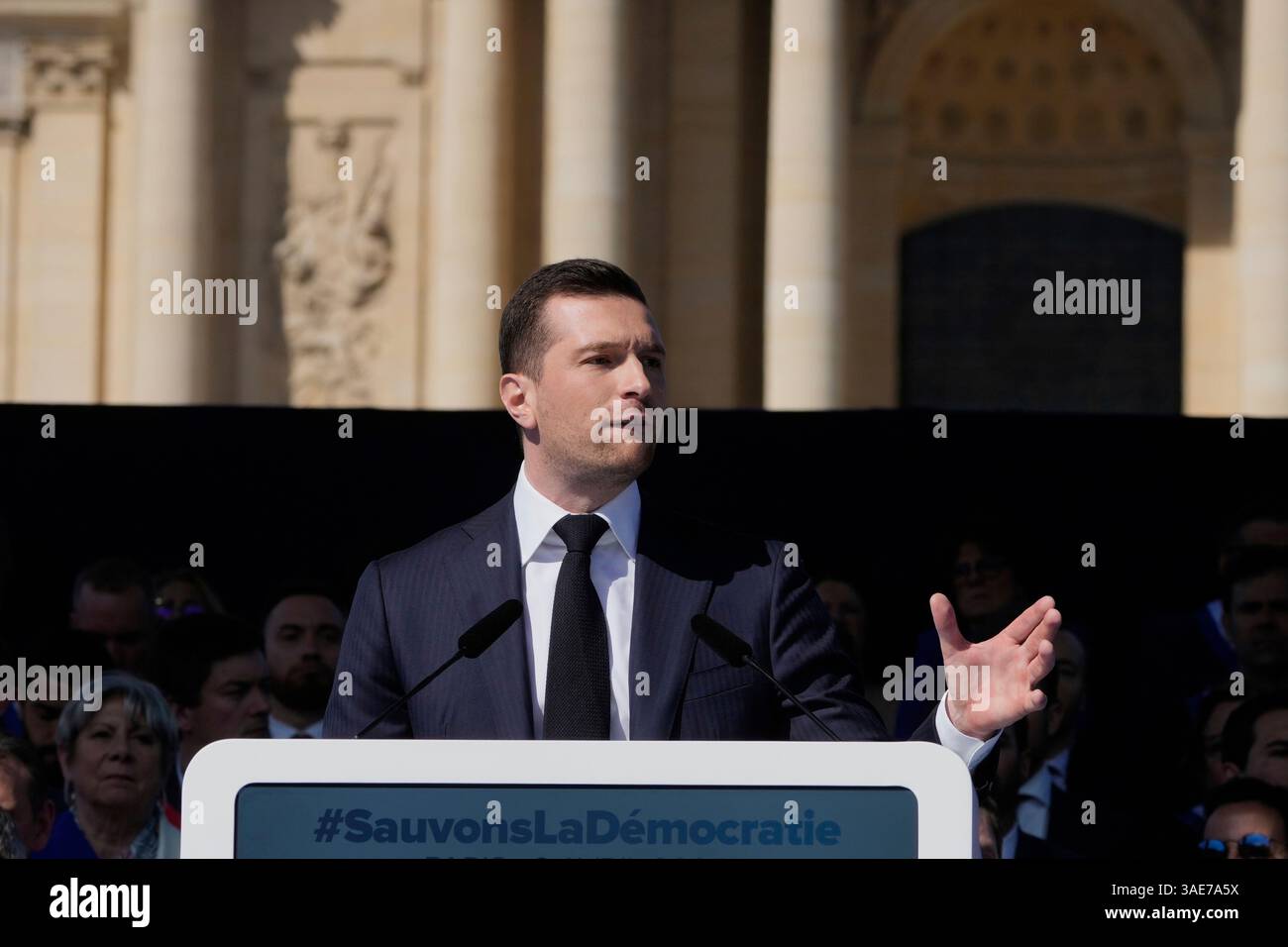 The leader of France's National Rally (RN) Jordan Bardella delivers his ...