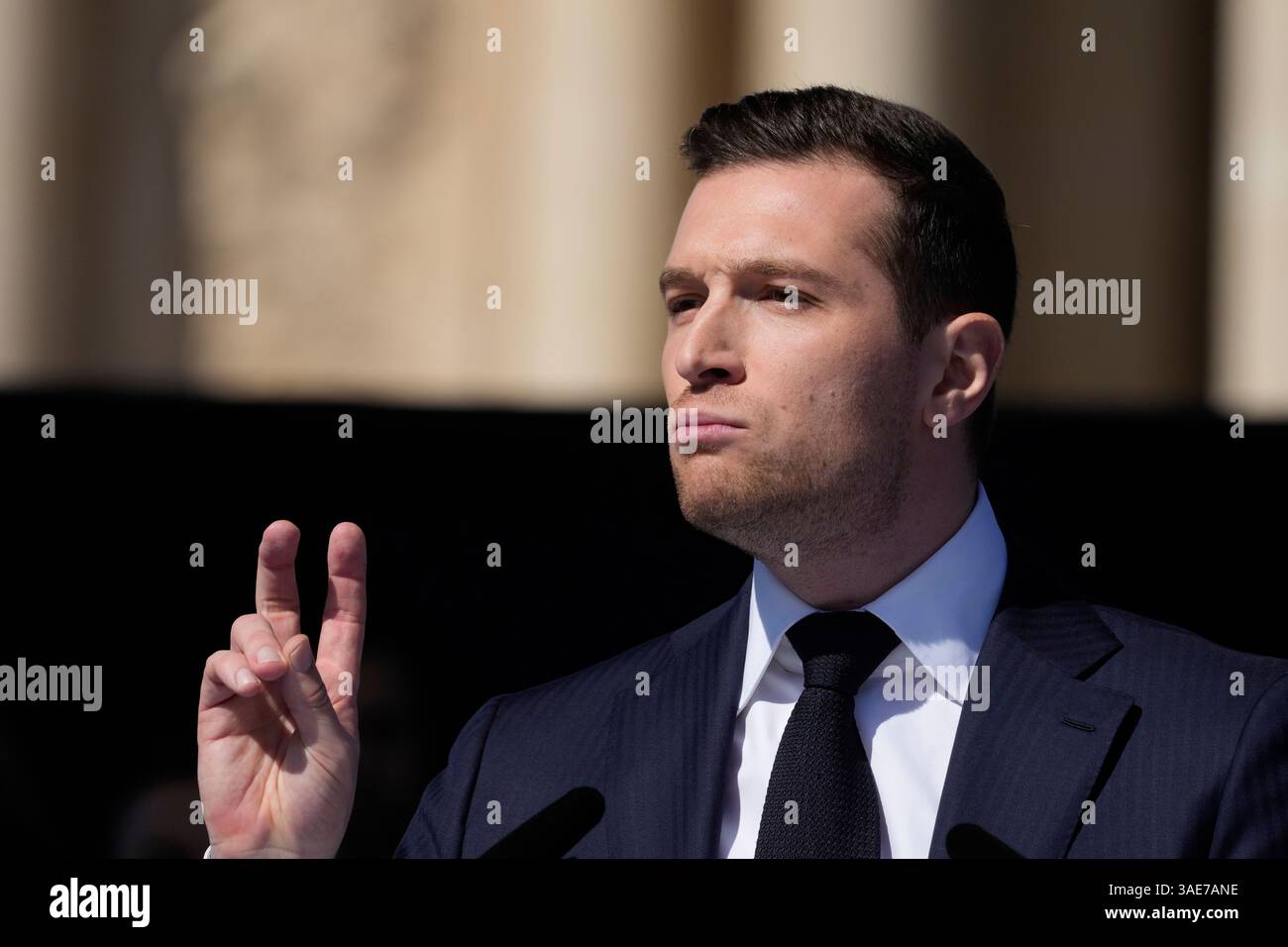 The leader of France's National Rally (RN) Jordan Bardella delivers his ...