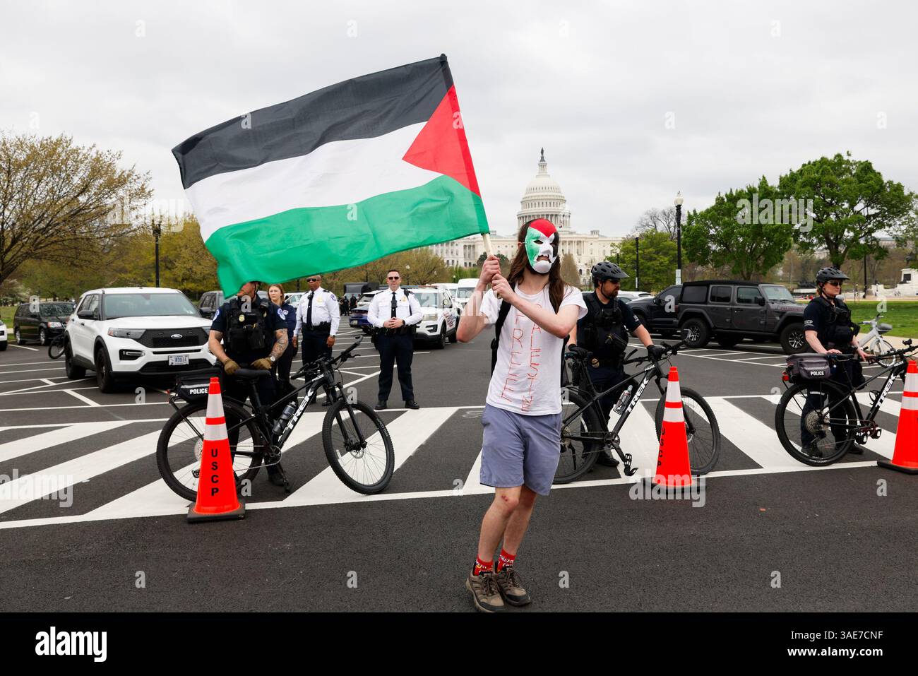 A demonstrator holds a Palestine flag while thousands of pro-Palestine ...