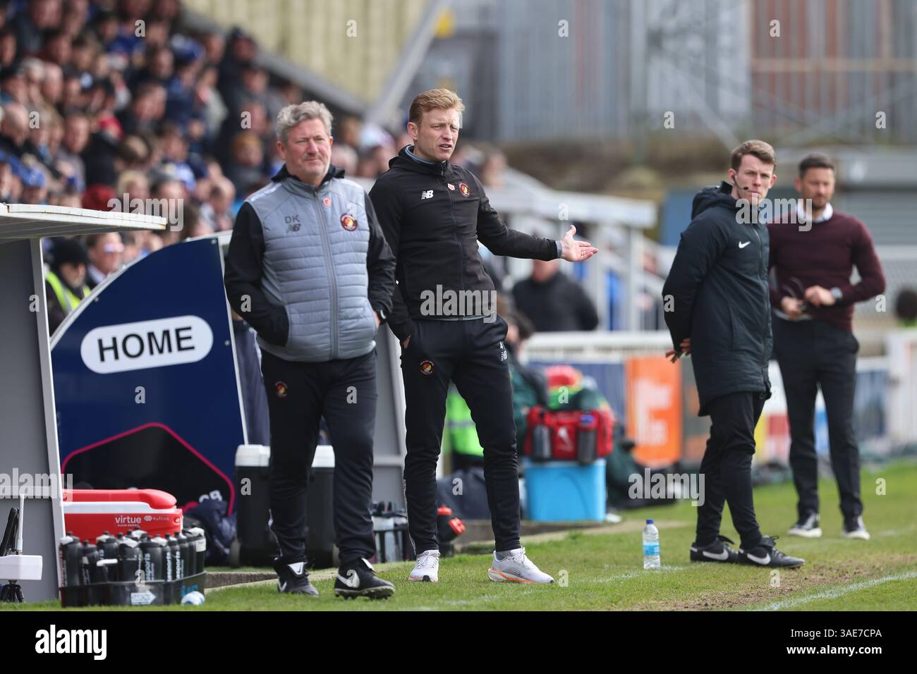 Hartlepool, UK. 5th Apr 2025. Ebbfleet United's manager Josh Wirght (R ...