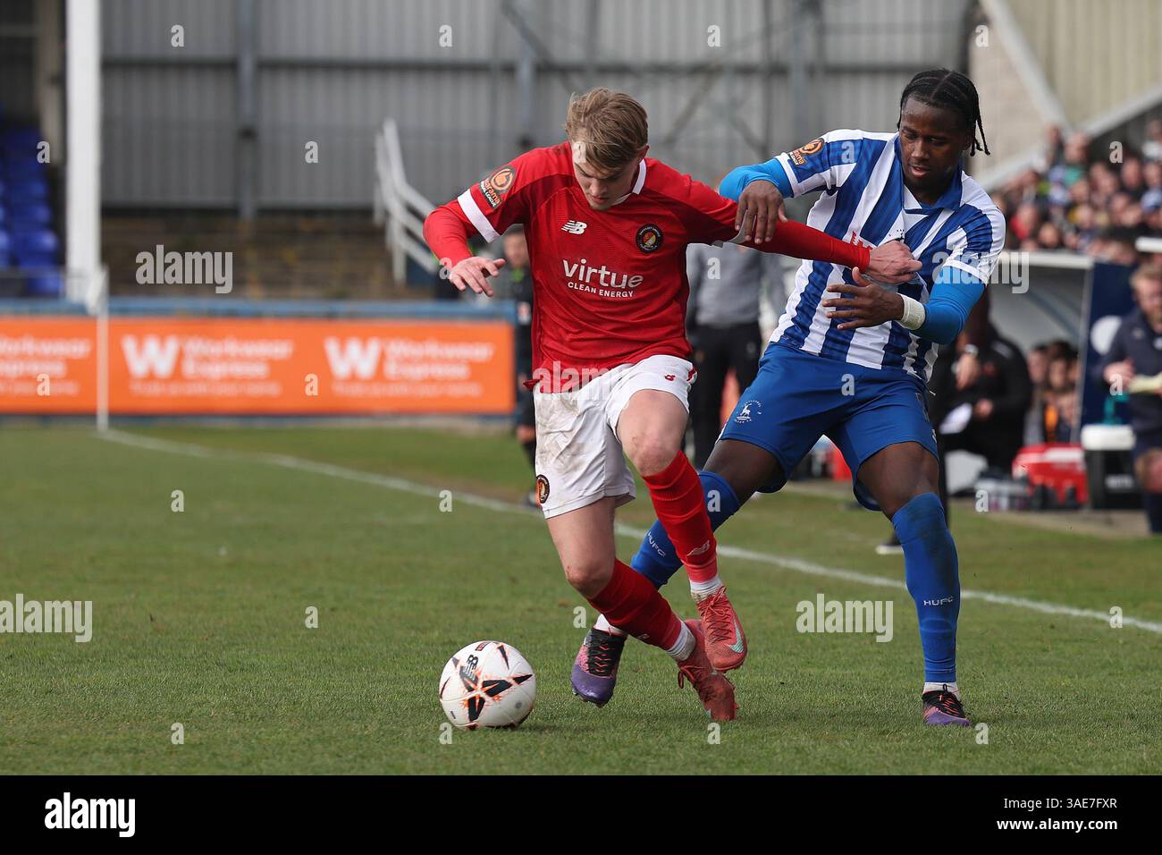 Hartlepool, UK. 5th Apr 2025. Hartlepool United's Reyes Cleary battles ...