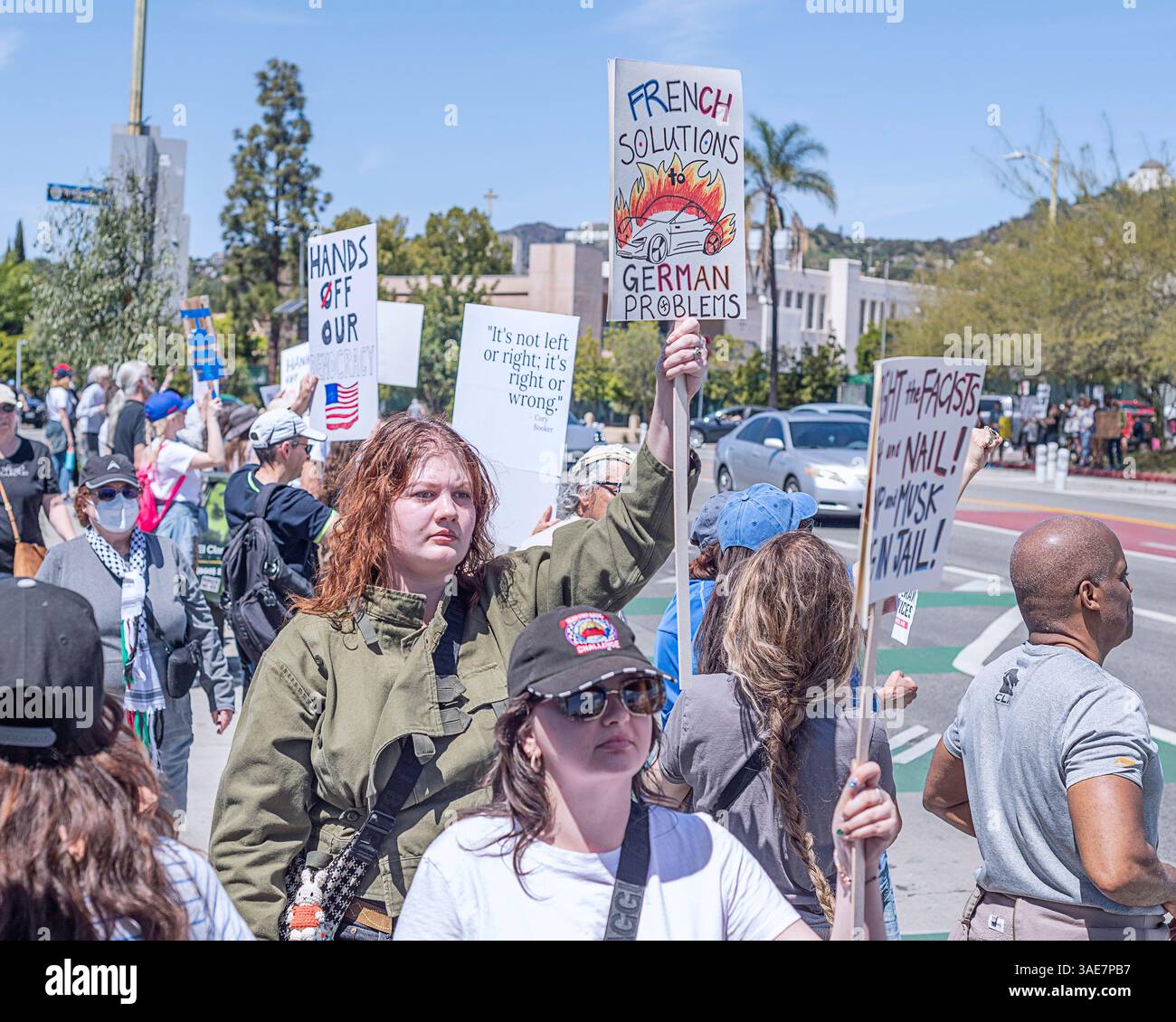 Los Angeles, CA, USA: April 5, 2025: People gather for the “Hands Off ...