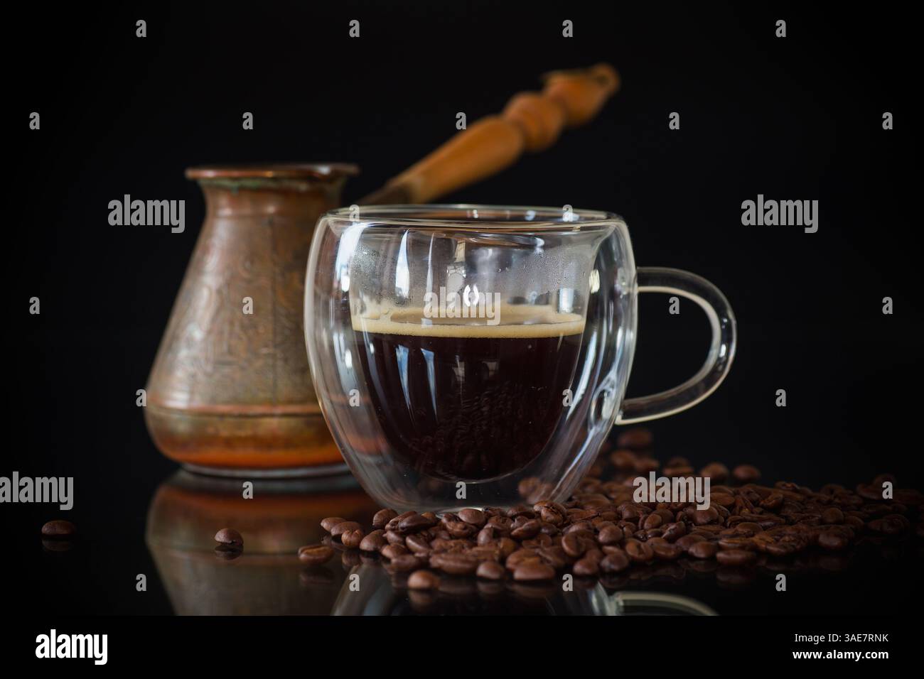 Elegant coffee still life with a dark background Stock Photo - Alamy