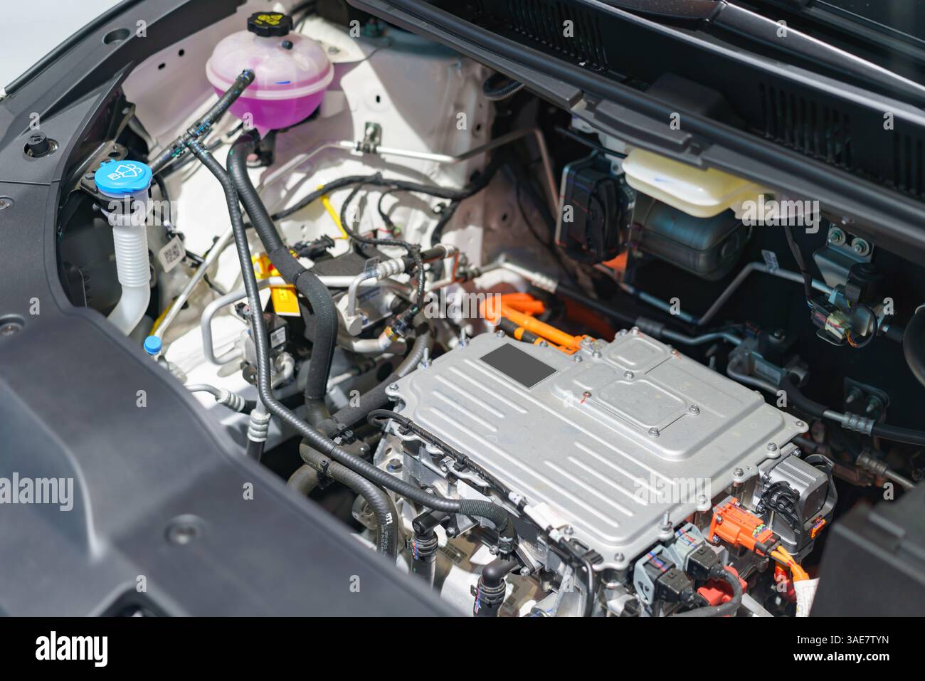 detailed view under the hood of an electric vehicle, highlighting its ...