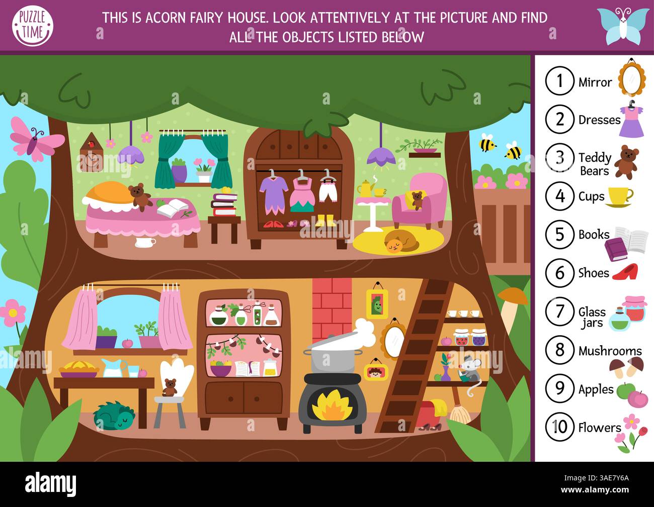 Vector fairyland searching game with fairy tree house landscape. Spot ...