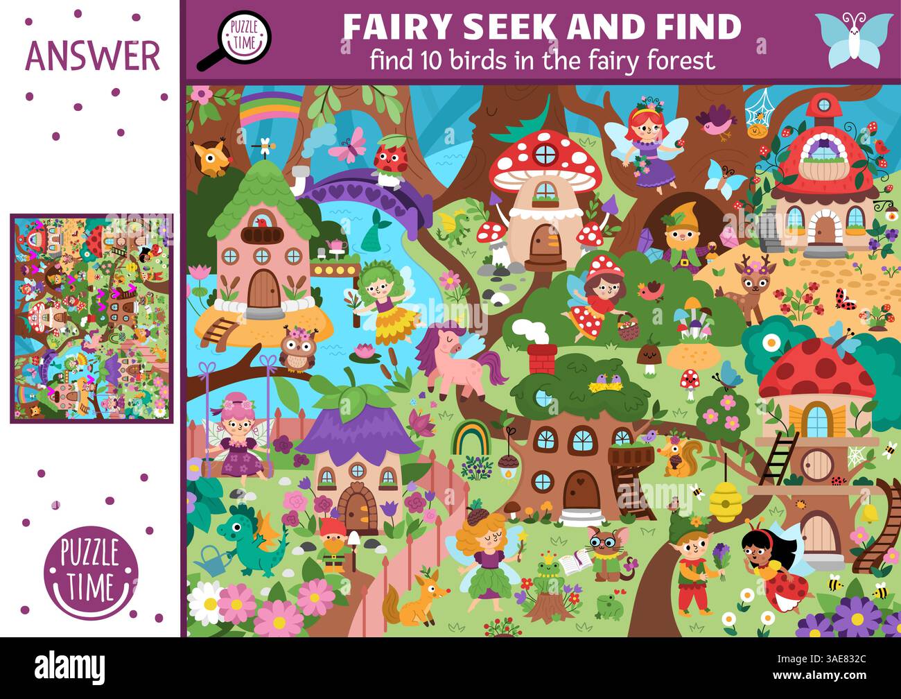 Vector fairyland searching game with enchanted forest landscape, houses ...