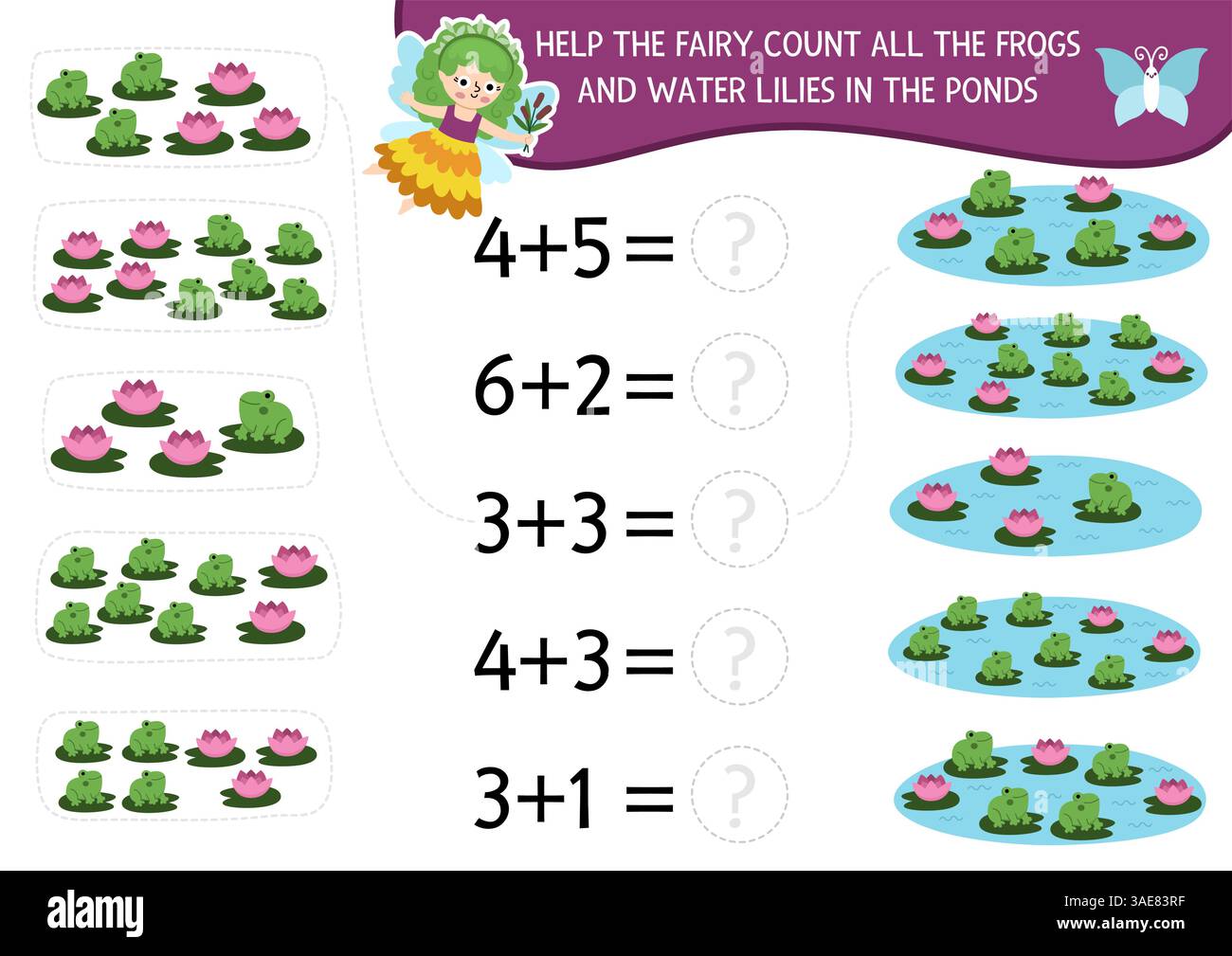 Math and counting game with cute girl. Help the swamp fairy count frogs ...
