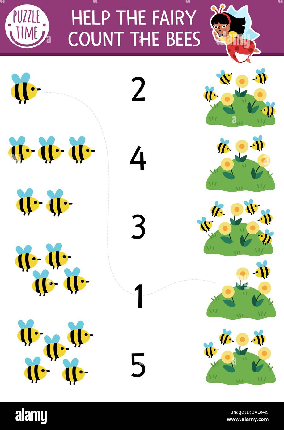 Match the numbers fairyland game with bees and flowers. Woodland fairy ...