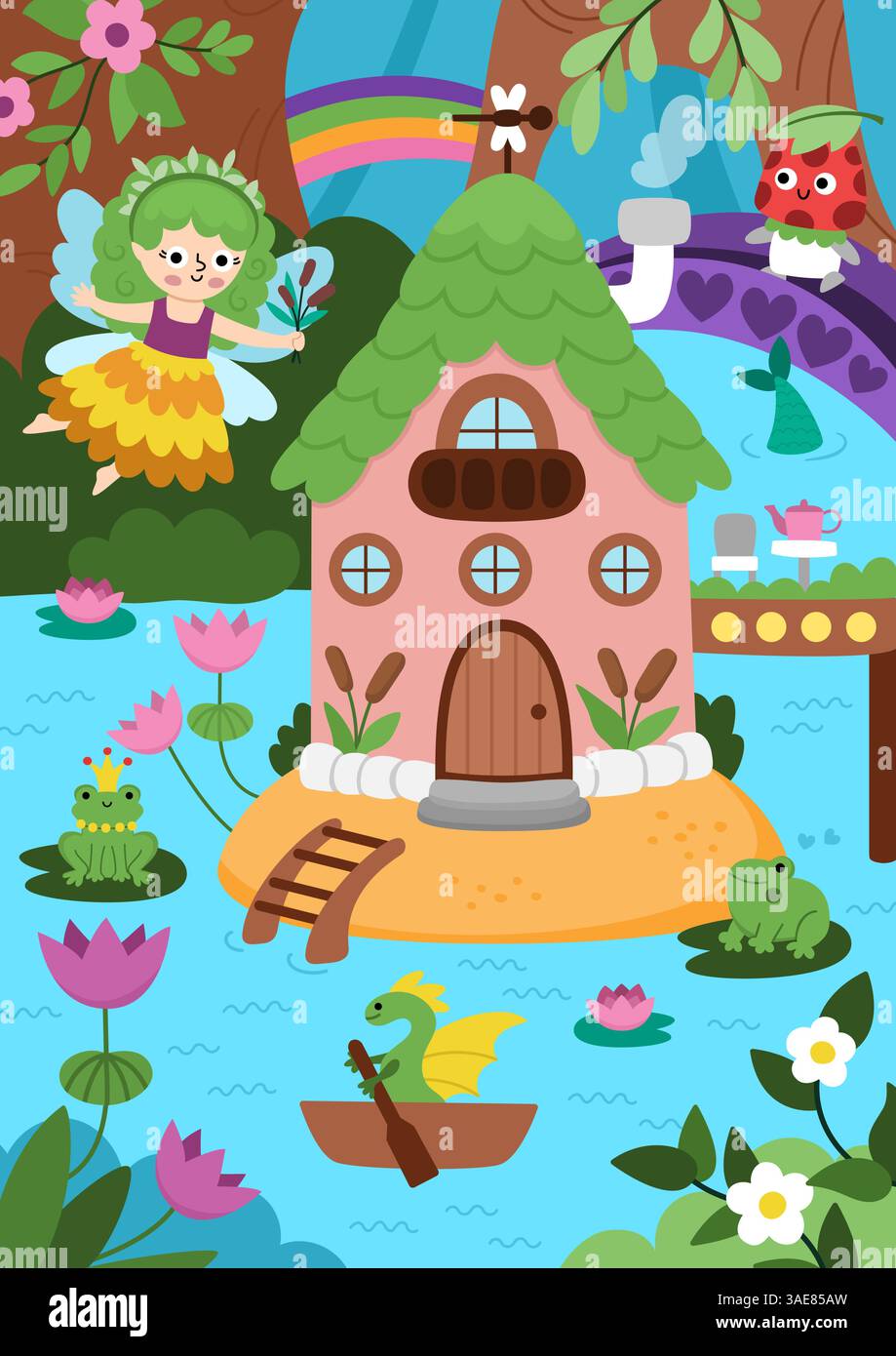 Vector vertical fairyland background with swamp fairy house. Magic land ...