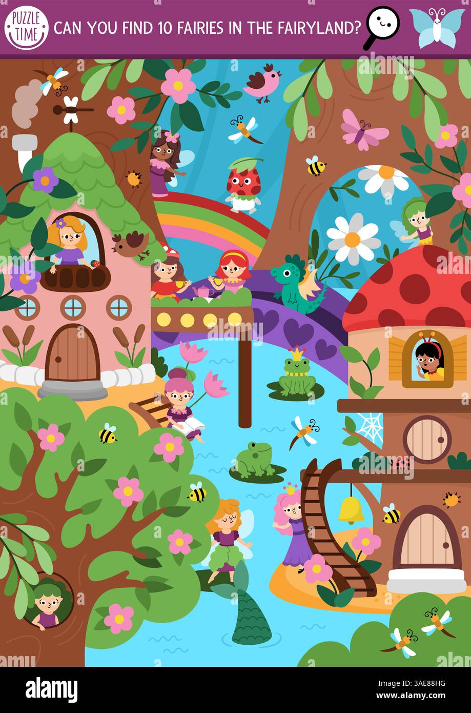Vector fairyland searching game with enchanted forest landscape, tree ...