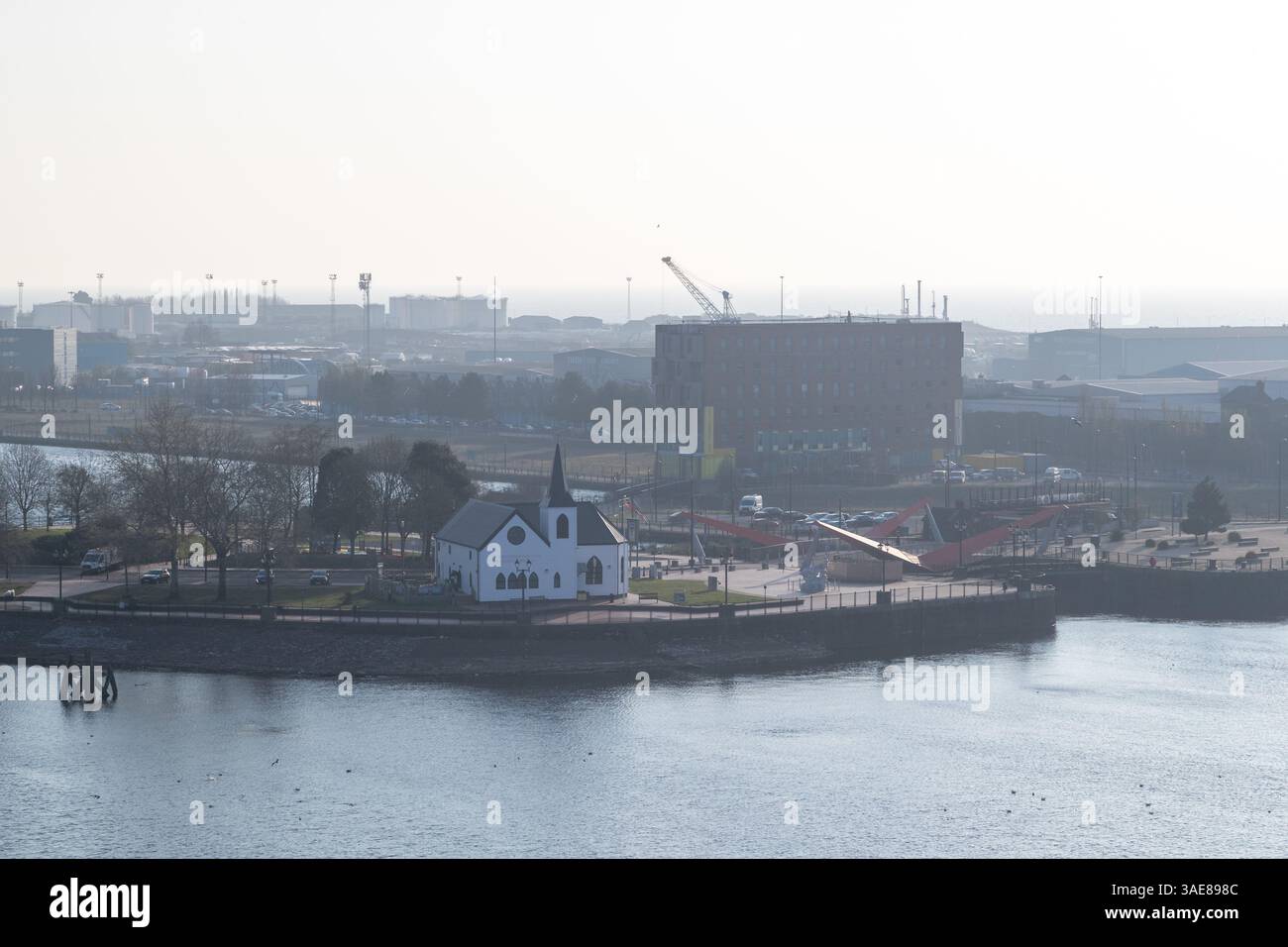Norwegian church and the Glow Works building, Cardiff Bay, Wales Stock ...