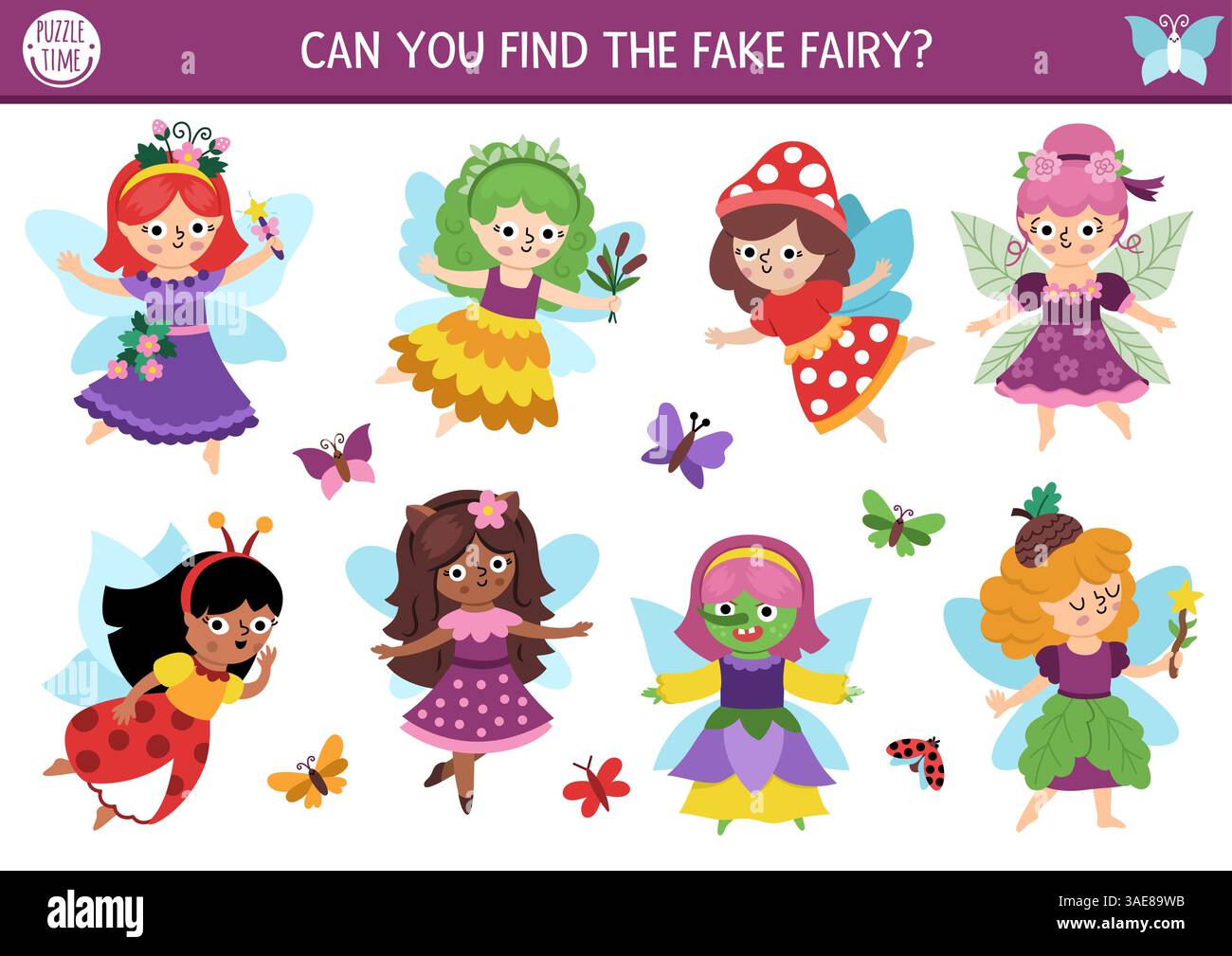 Spot fake fairy. Fairyland find odd one out worksheet. Fairytale ...