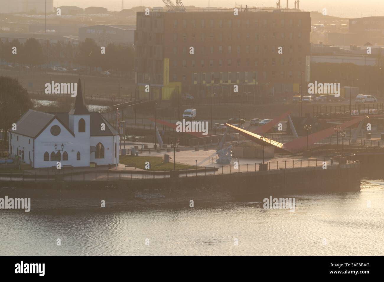 Norwegian church and the Glow Works building, Cardiff Bay, Wales Stock ...