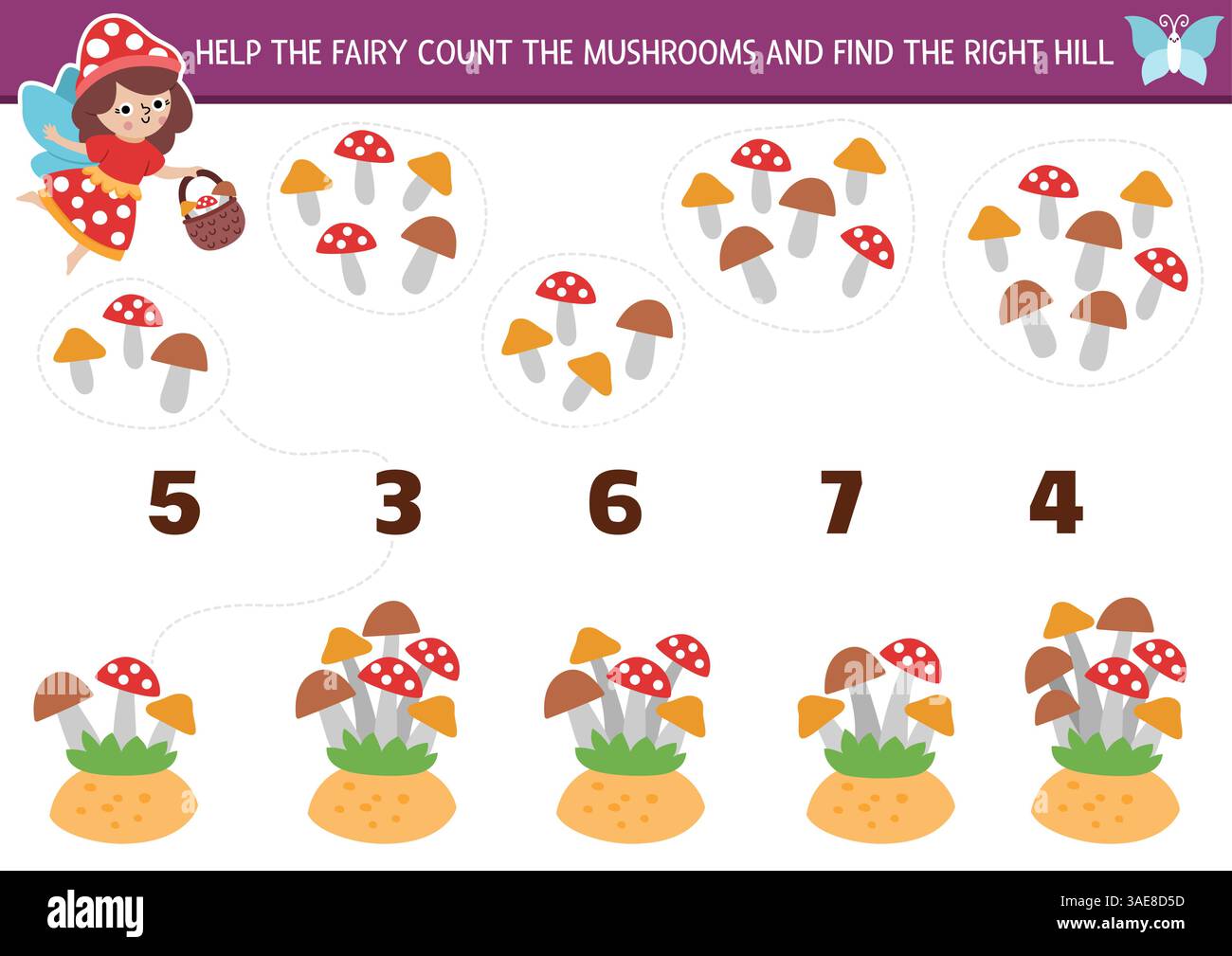 Match the numbers fairyland game with fairy gathering mushrooms ...