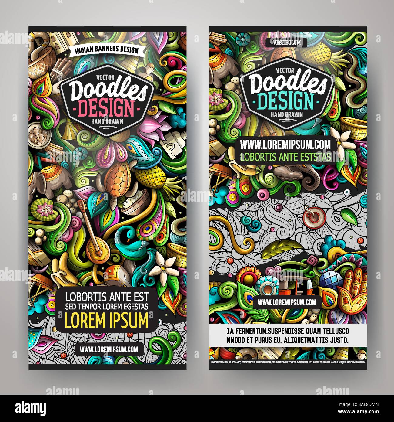 India hand drawn doodle banners set. Cartoon detailed flyers Stock ...