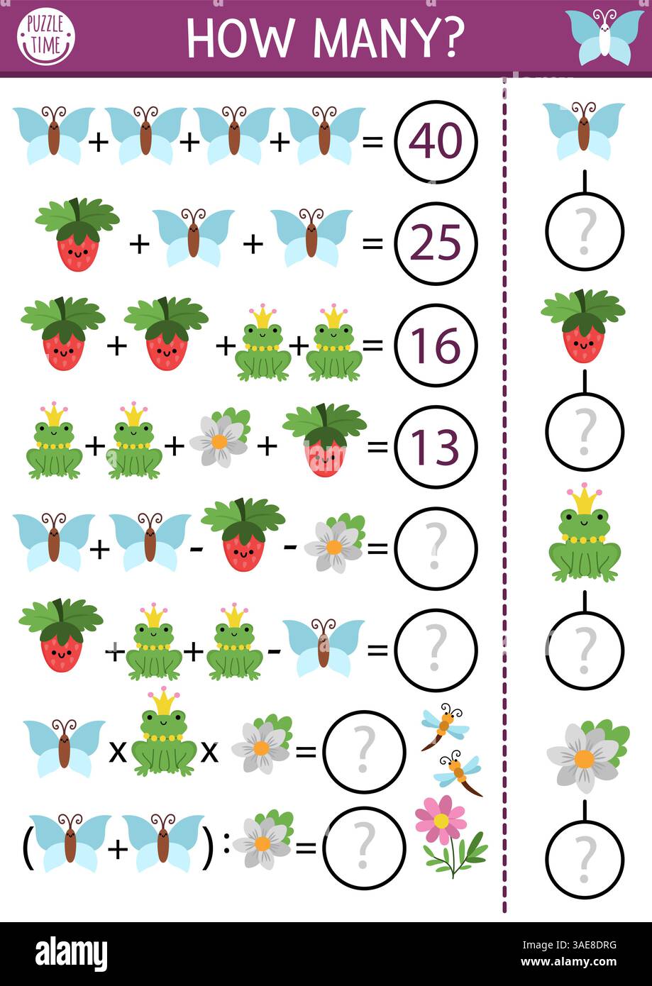 Math game, equation or rebus with frog prince, strawberry, flower ...
