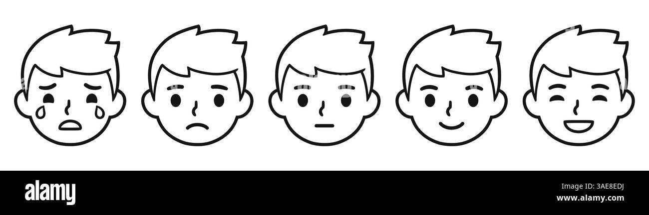 Cartoon boy face emotional scale, from sad to happy. Facial expressions ...