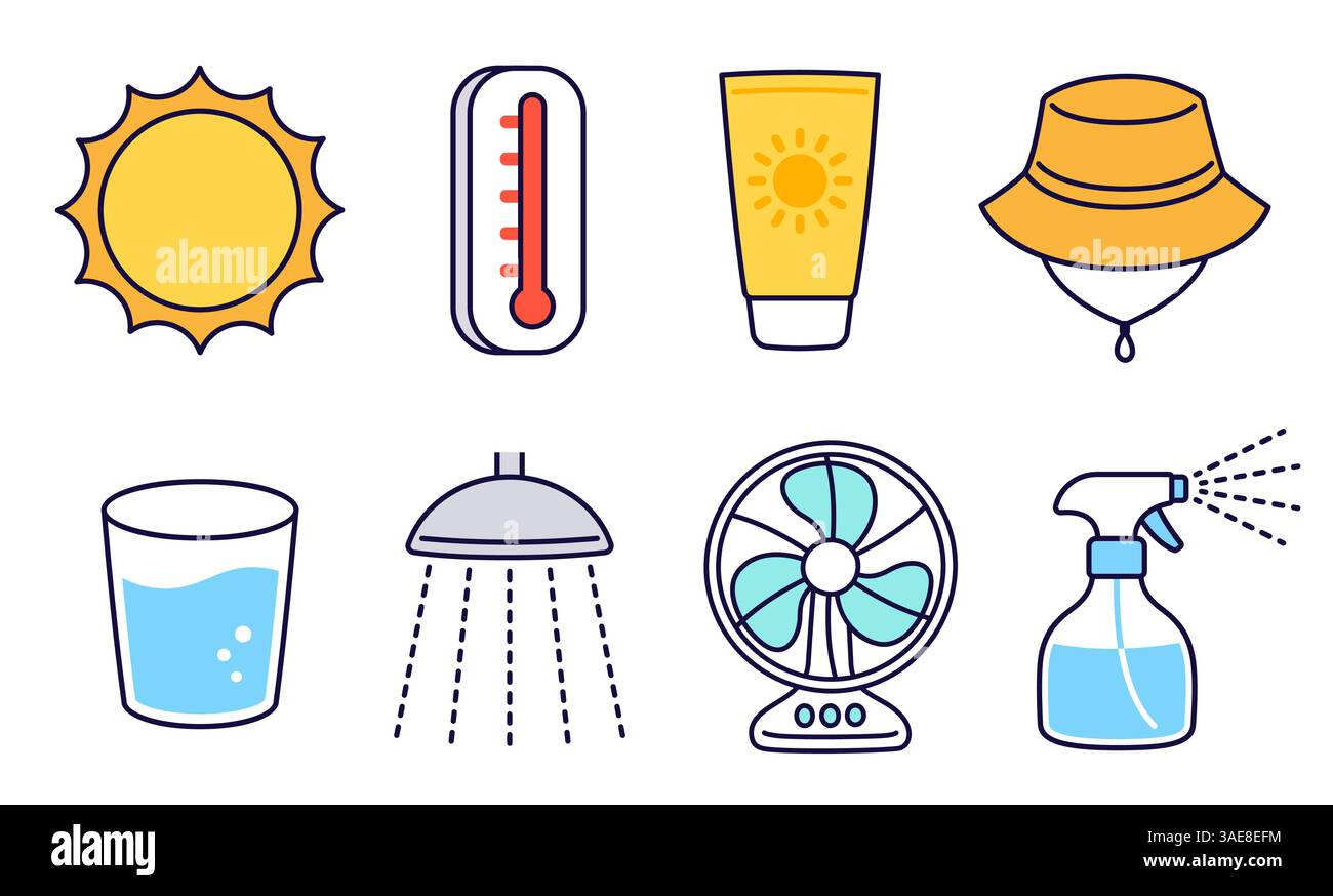 Heat stroke prevention and summer cooling icon set for infographics ...