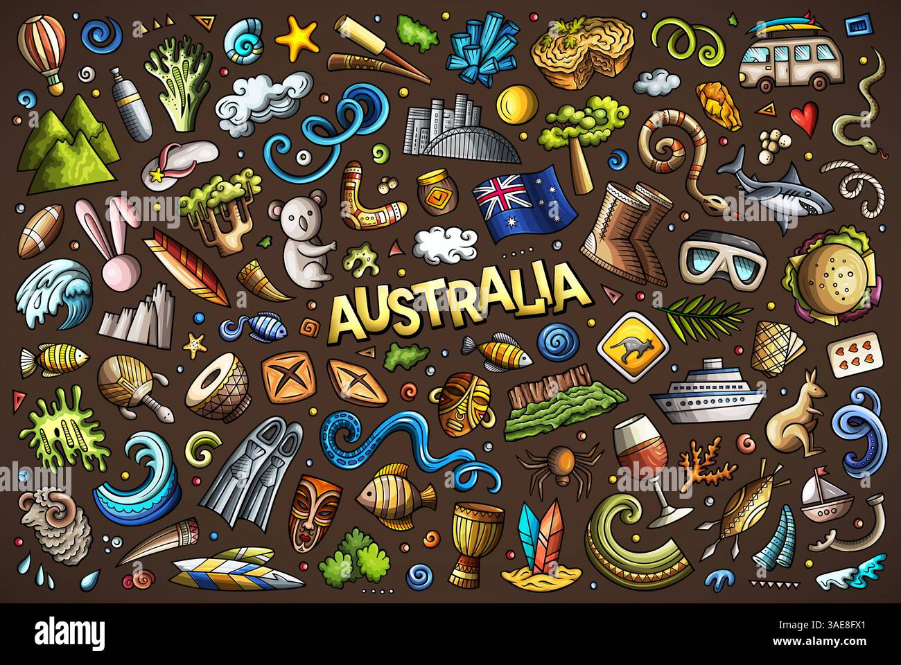Cartoon vector doodle set of Australia traditional symbols, items and ...
