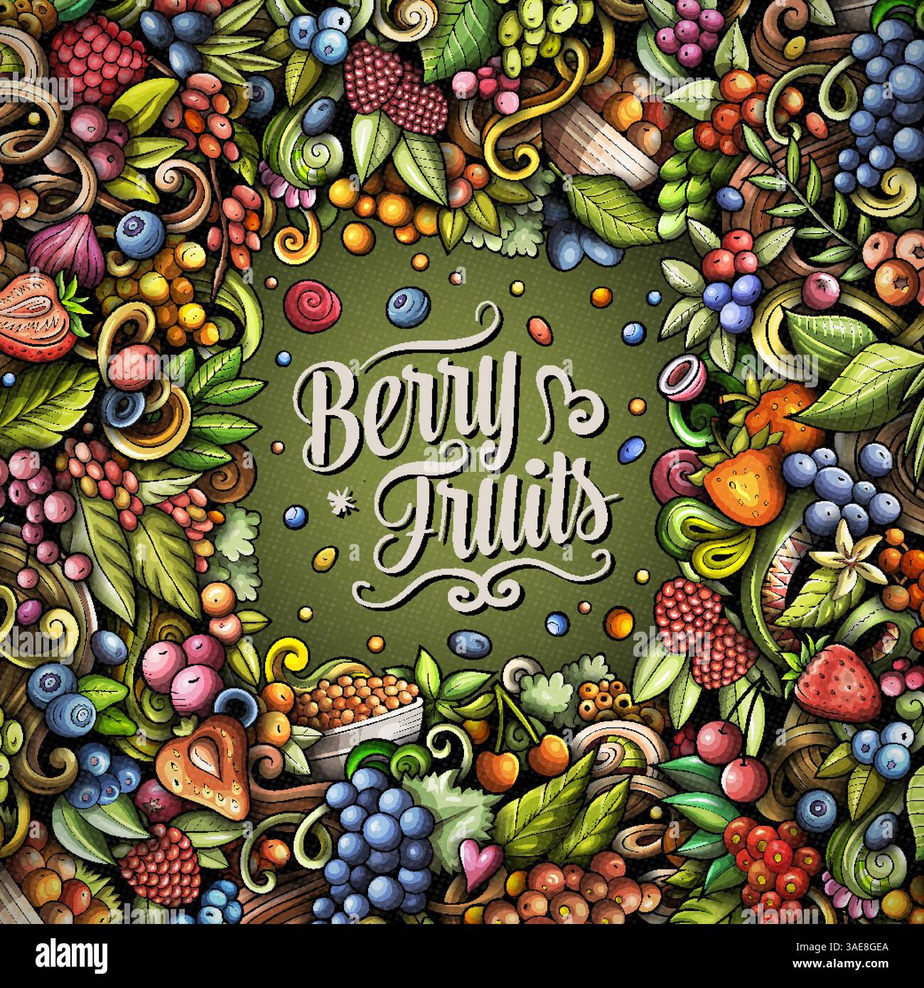 Berry Fruits cartoon vector doodles frame illustration. Nature food ...