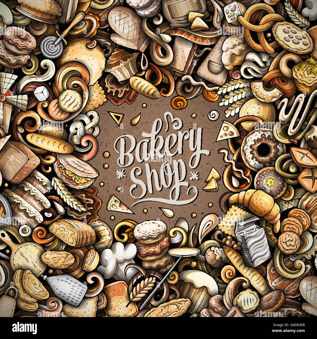 Cartoon vector Bakery doodle border illustration features a variety of ...